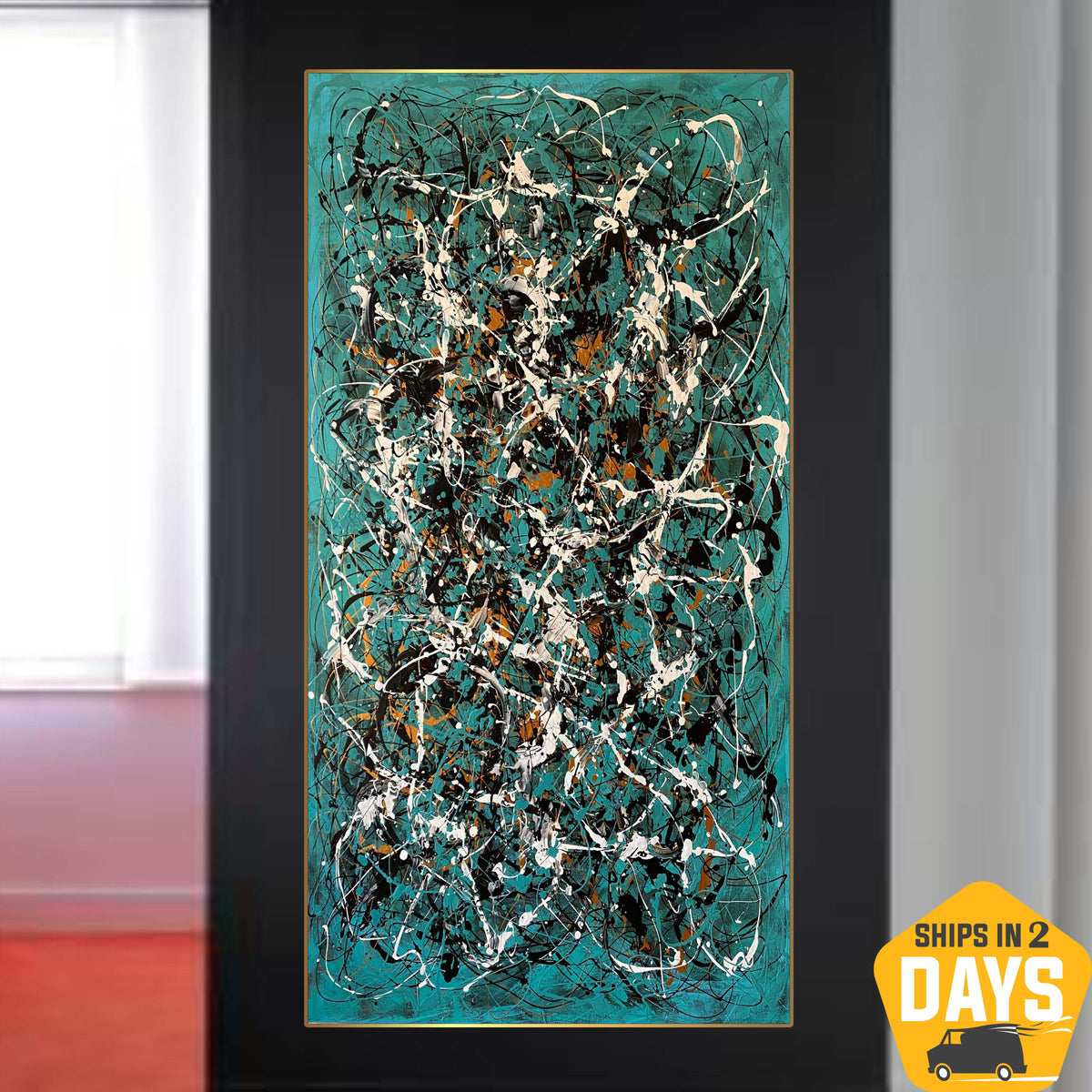 Jackson Pollock Style Paintings On Original Green Canvas Textured Vivid ...