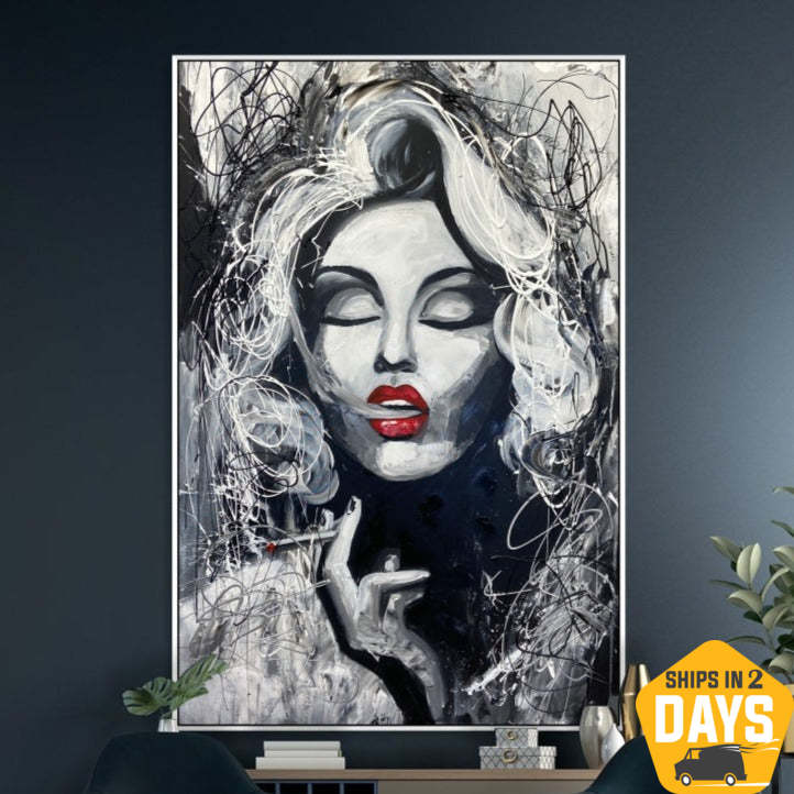 Original Abstract Smoking Woman Paintings On Canvas In Black and White ...