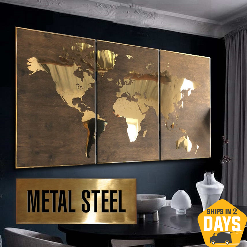 Gold Metal World Map Stainless Steel World Map Golden Wood Map of The ...