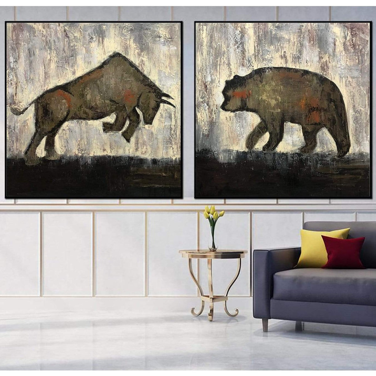 Original Set of 2 Paintings Bull and Bear Painting on Canvas Abstract ...